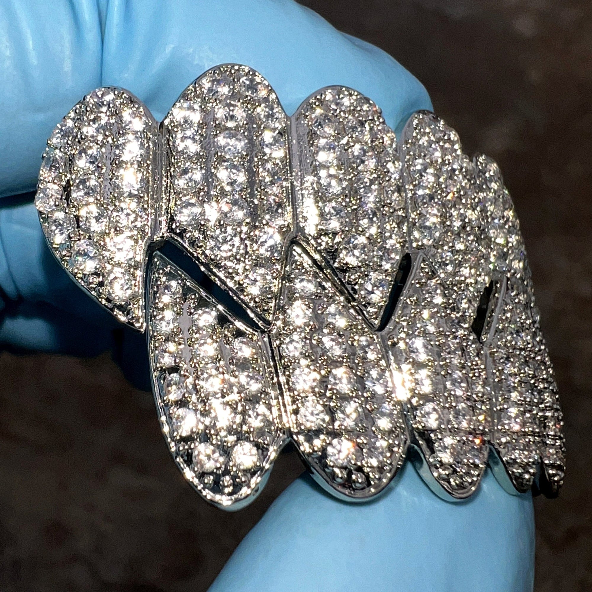 Silver Tone Shark Teeth Iced CZ Flooded Out Grillz Set