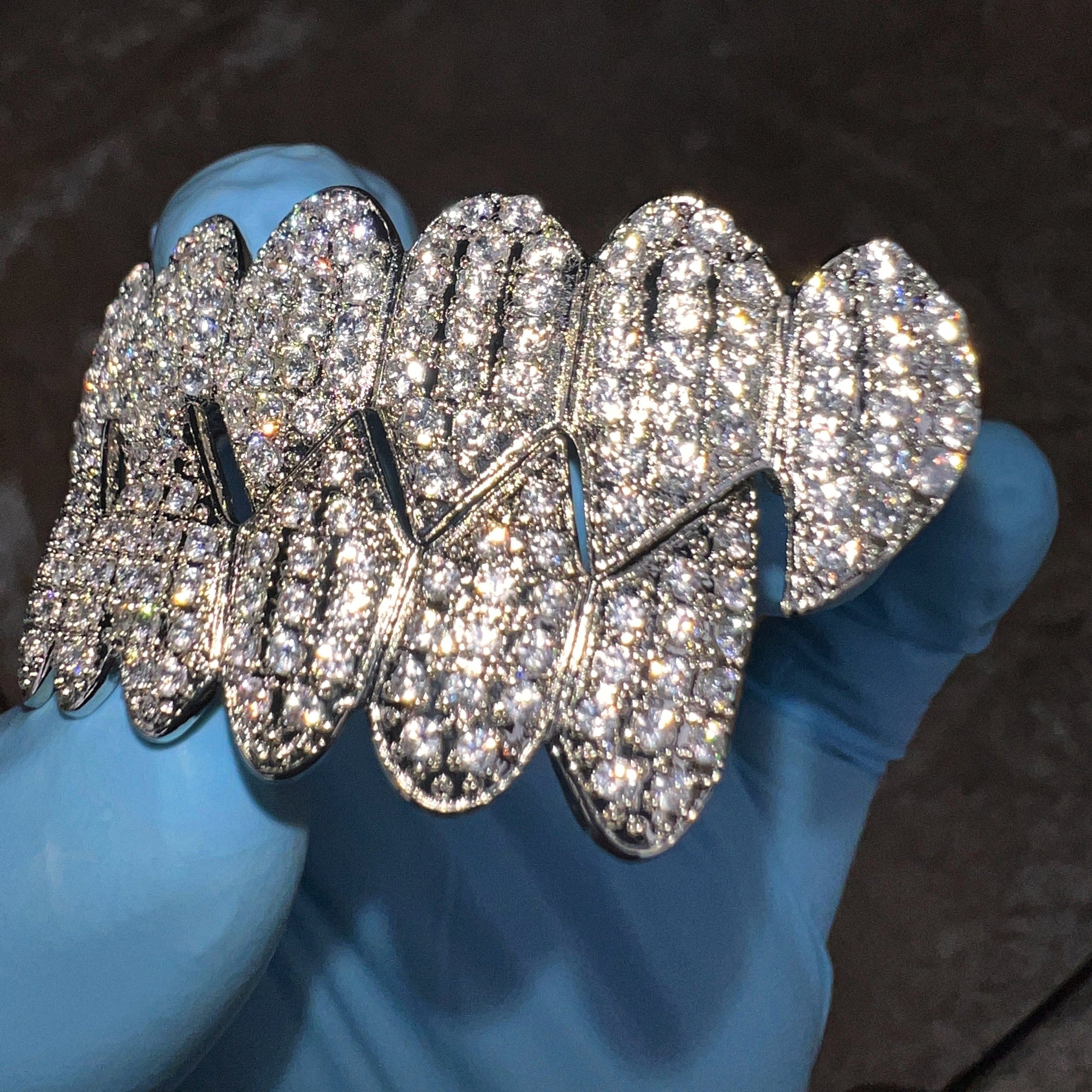 Silver Tone Shark Teeth Iced CZ Flooded Out Grillz Set