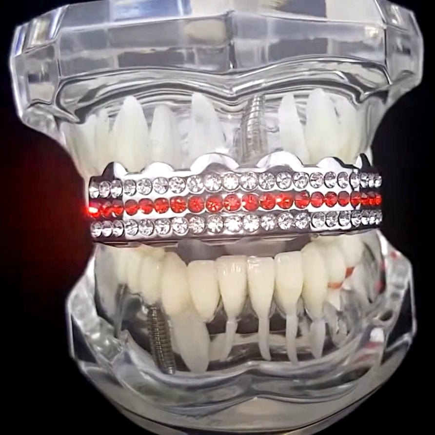 Silver Tone Three Row Red Iced Flooded Out Top Teeth Grillz
