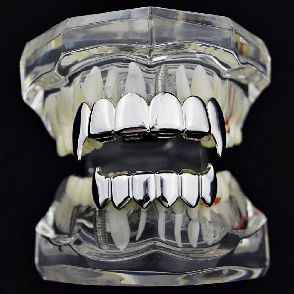 Silver Tone Vampire Teeth Full Fangs Grillz Set
