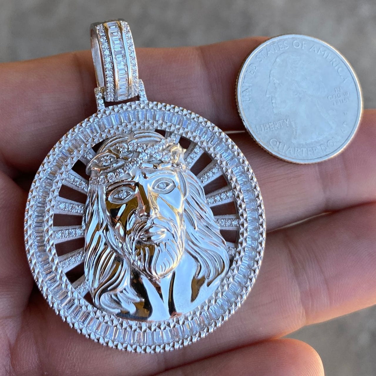 925 Sterling Silver Jesus Wheel Medallion CZ Round Pendant