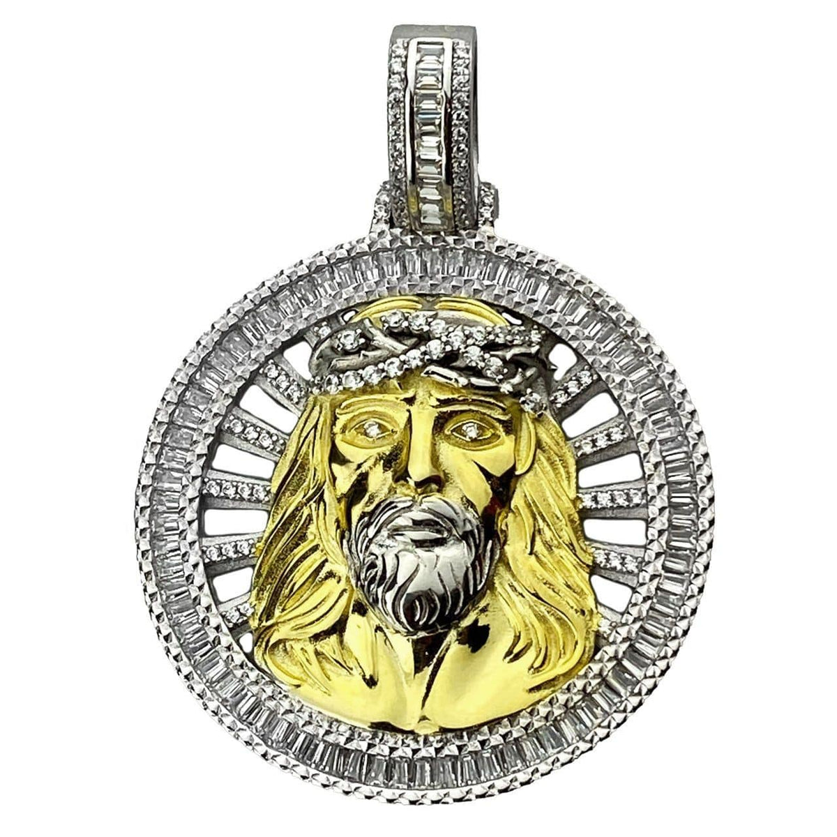 Solid 925 Sterling Silver Jesus Wheel Two-Tone Medallion Pendant