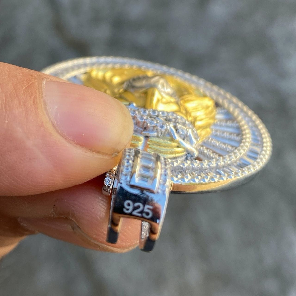 Solid 925 Sterling Silver Jesus Wheel Two-Tone Medallion Pendant