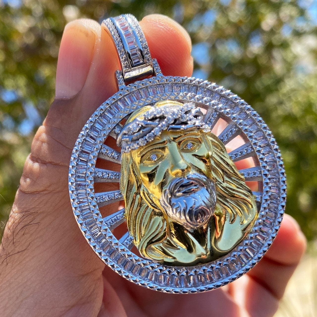 Solid 925 Sterling Silver Jesus Wheel Two-Tone Medallion Pendant