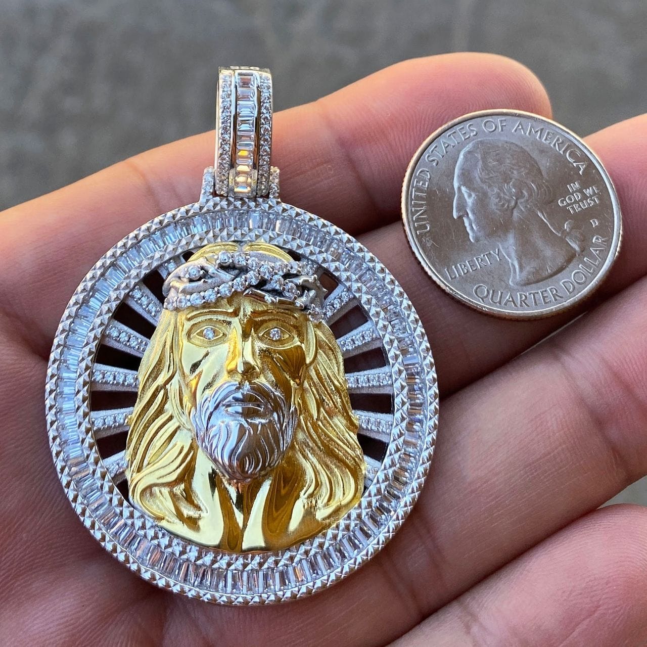 Solid 925 Sterling Silver Jesus Wheel Two-Tone Medallion Pendant
