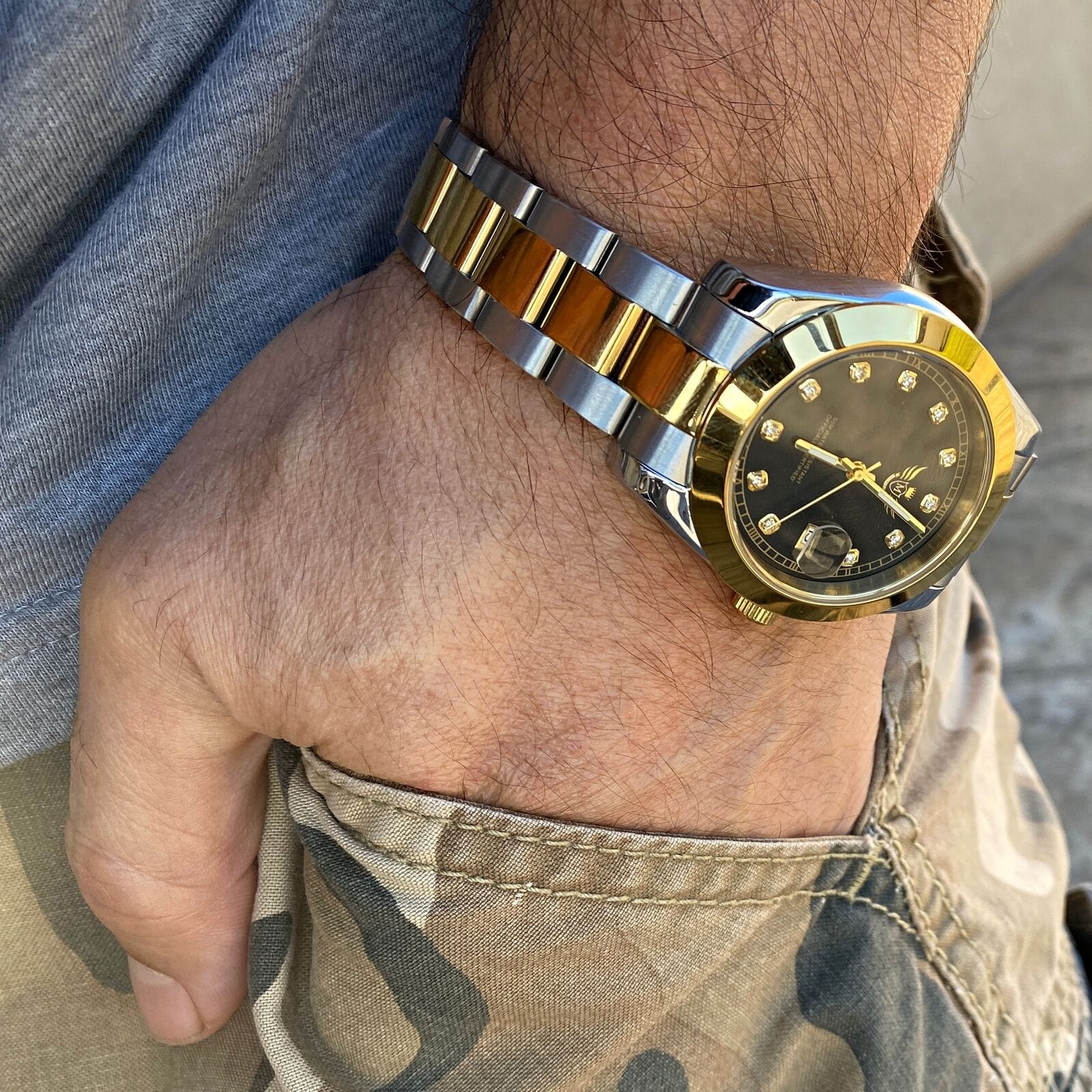 Stainless Steel Two-Tone Black Face Watch Automatic Self Wind