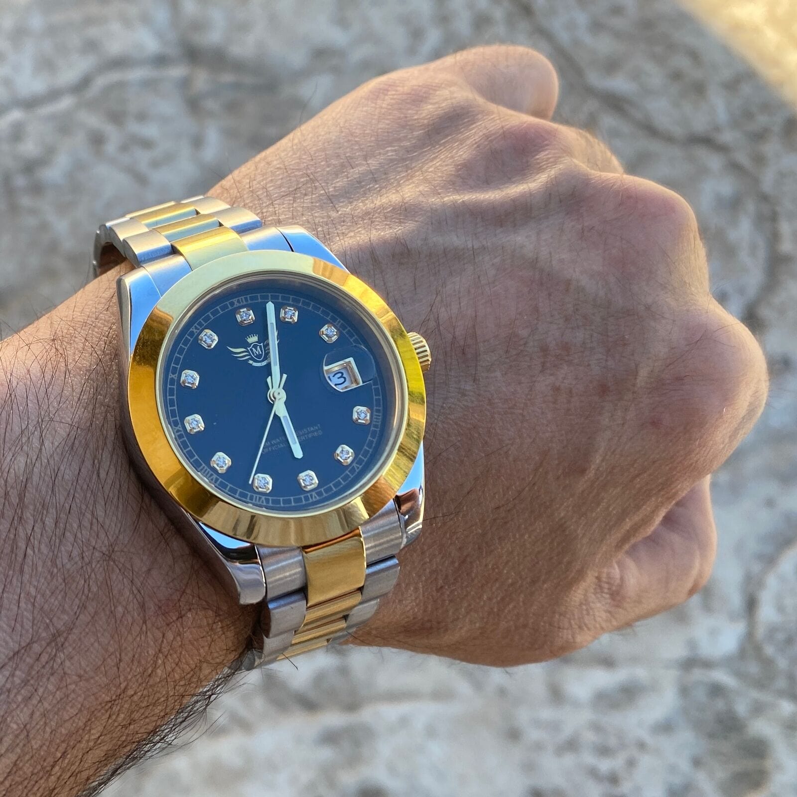 Stainless Steel Two-Tone Black Face Watch Automatic Self Wind