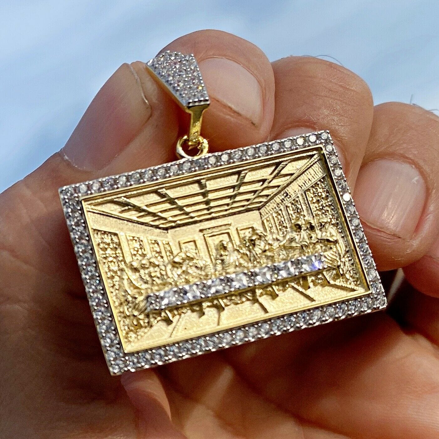 The Last Supper Rectangular Iced Pendant Gold Finish over 925 Sterling