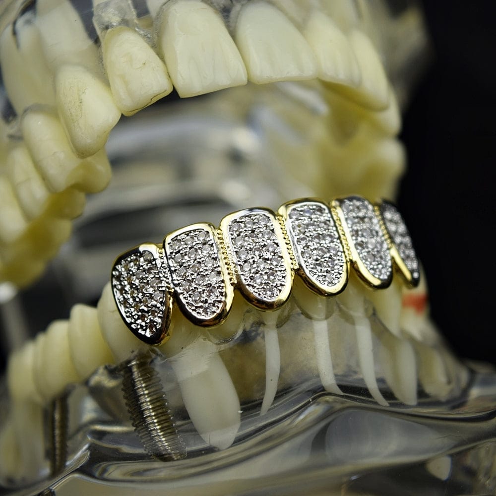 14K Gold Plated Premium CZ Iced Two -Tone Bottom Teeth Micro Pave Gril