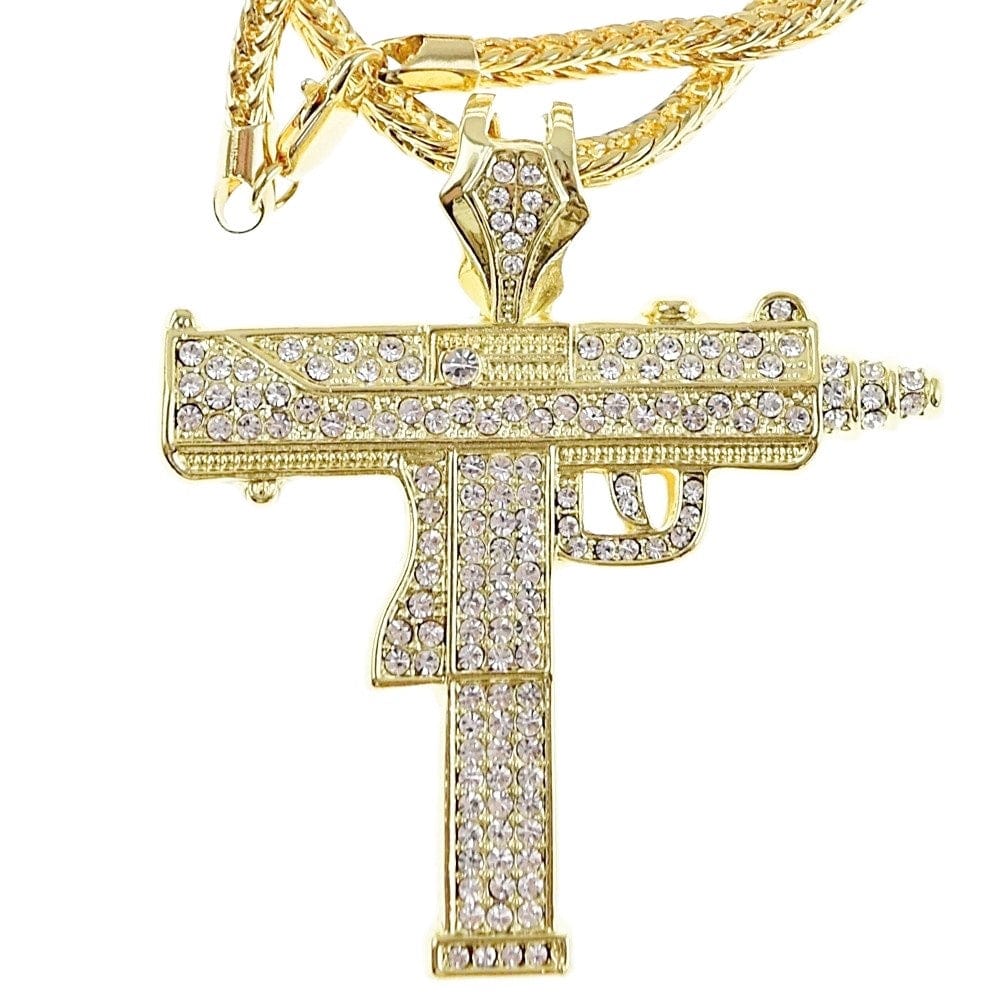 UZI Submachine Gun Gold Finish 36" Franco Chain Necklace