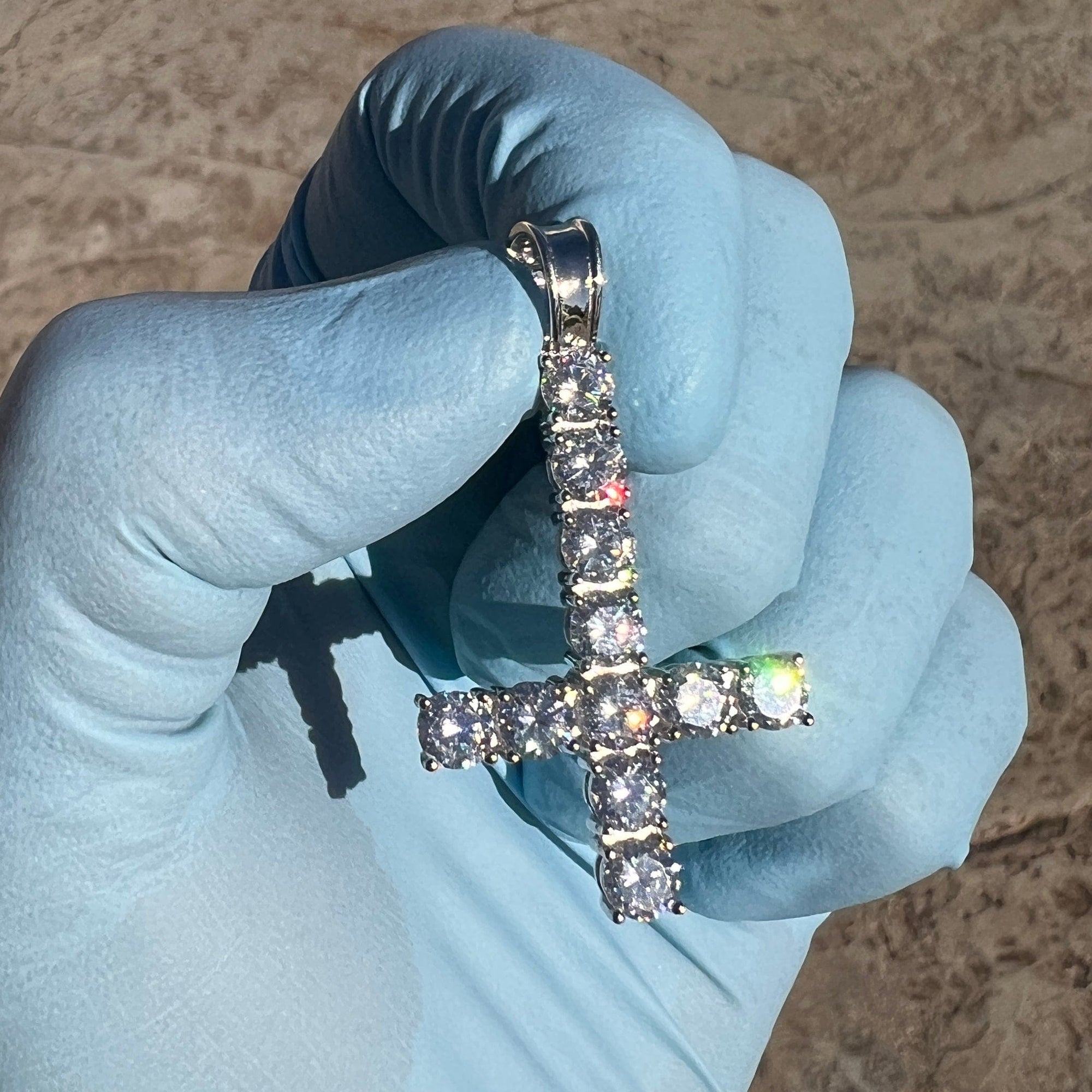 925 Sterling Silver Inverted Upside Down Cross Saint Peter Iced Bling